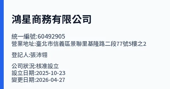 鴻星商務有限公司的照片-統編 60492905(臺北市) 公司登記資料與營業項目詳細圖表