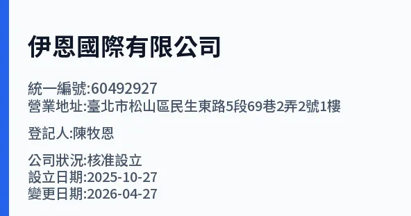 伊恩國際有限公司的照片-統編 60492927(臺北市) 公司登記資料與營業項目詳細圖表