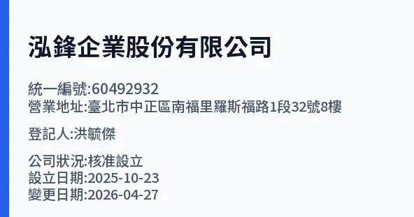 泓鋒企業股份有限公司的照片-統編 60492932(臺北市) 公司登記資料與營業項目詳細圖表