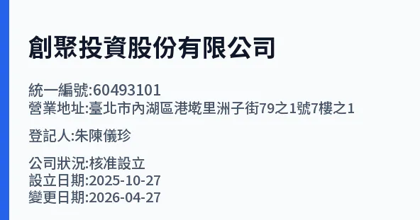 創聚投資股份有限公司的照片-統編 60493101(臺北市) 公司登記資料與營業項目詳細圖表