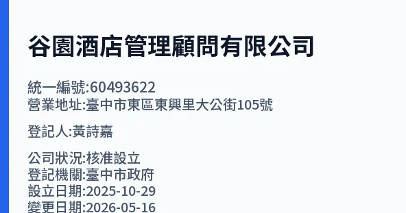谷園酒店管理顧問有限公司的照片-統編 60493622(臺中市) 公司登記資料與營業項目詳細圖表