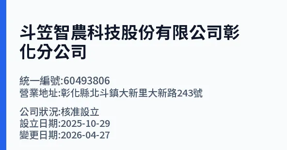 斗笠智農科技股份有限公司彰化分公司的照片-統編 60493806(彰化縣) 公司登記資料與營業項目詳細圖表