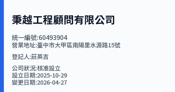 秉越工程顧問有限公司的照片-統編 60493904(臺中市) 公司登記資料與營業項目詳細圖表
