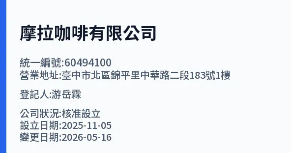 摩拉咖啡有限公司的照片-統編 60494100(臺中市) 公司登記資料與營業項目詳細圖表