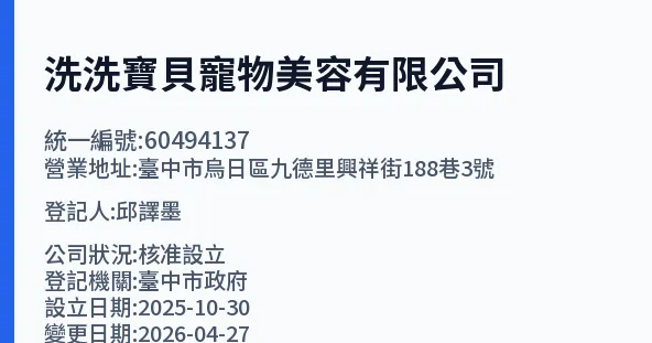洗洗寶貝寵物美容有限公司的照片-統編 60494137(臺中市) 公司登記資料與營業項目詳細圖表