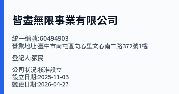 皆盡無限事業有限公司的照片-統編 60494903(臺中市) 公司登記資料與營業項目詳細圖表