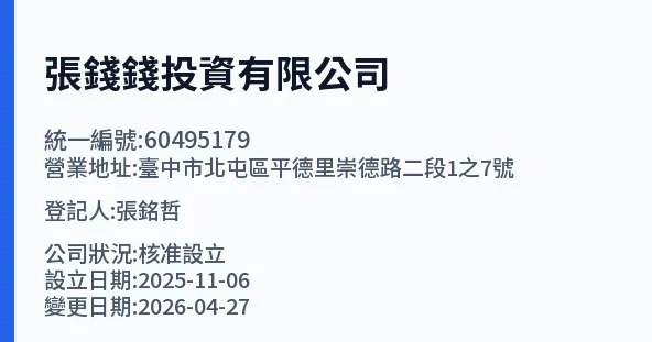 張錢錢投資有限公司的照片-統編 60495179(臺中市) 公司登記資料與營業項目詳細圖表