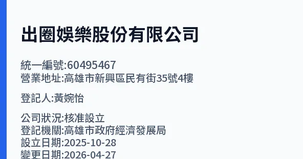 出圈娛樂股份有限公司的照片-統編 60495467(高雄市) 公司登記資料與營業項目詳細圖表