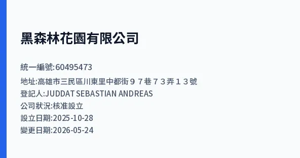 黑森林花園有限公司的照片-統編 60495473(高雄市) 公司登記資料與營業項目詳細圖表