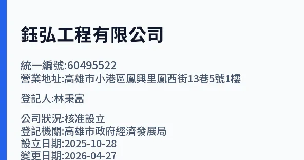 鈺弘工程有限公司的照片-統編 60495522(高雄市) 公司登記資料與營業項目詳細圖表
