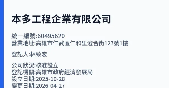 本多工程企業有限公司的照片-統編 60495620(高雄市) 公司登記資料與營業項目詳細圖表
