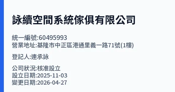 詠續空間系統傢俱有限公司的照片-統編 60495993(基隆市) 公司登記資料與營業項目詳細圖表