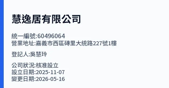 慧逸居有限公司的照片-統編 60496064(嘉義市) 公司登記資料與營業項目詳細圖表