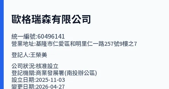 歐格瑞森有限公司的照片-統編 60496141(基隆市) 公司登記資料與營業項目詳細圖表