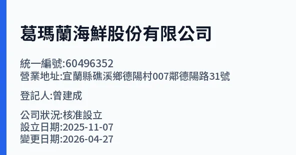 葛瑪蘭海鮮股份有限公司的照片-統編 60496352(宜蘭縣) 公司登記資料與營業項目詳細圖表
