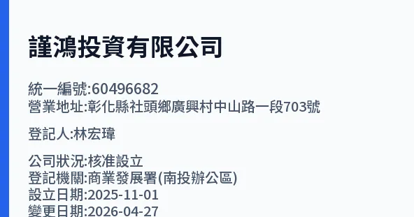 謹鴻投資有限公司的照片-統編 60496682(彰化縣) 公司登記資料與營業項目詳細圖表