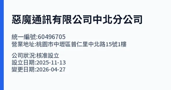 惡魔通訊有限公司中北分公司的照片-統編 60496705(桃園市) 公司登記資料與營業項目詳細圖表