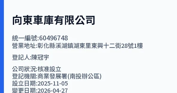 向東車庫有限公司的照片-統編 60496748(彰化縣) 公司登記資料與營業項目詳細圖表