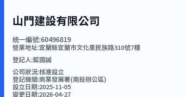 山門建設有限公司的照片-統編 60496819(宜蘭縣) 公司登記資料與營業項目詳細圖表