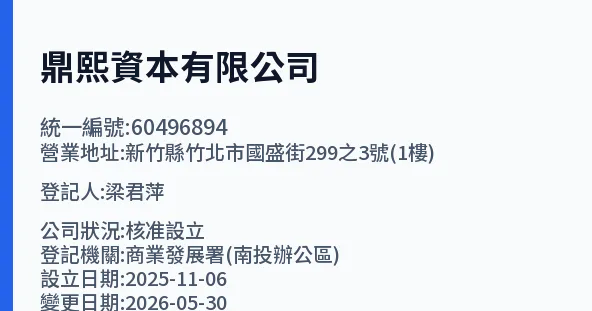 鼎熙資本有限公司的照片-統編 60496894(新竹縣) 公司登記資料與營業項目詳細圖表