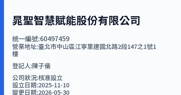 晁聖智慧賦能股份有限公司的照片-統編 60497459(臺北市) 公司登記資料與營業項目詳細圖表