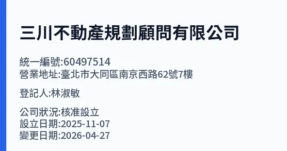 三川不動產規劃顧問有限公司的照片-統編 60497514(臺北市) 公司登記資料與營業項目詳細圖表