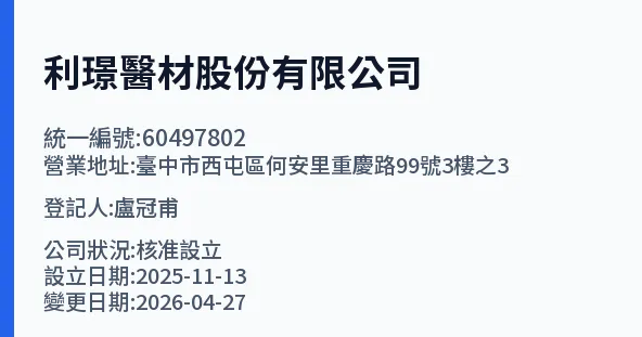 利璟醫材股份有限公司的照片-統編 60497802(臺中市) 公司登記資料與營業項目詳細圖表