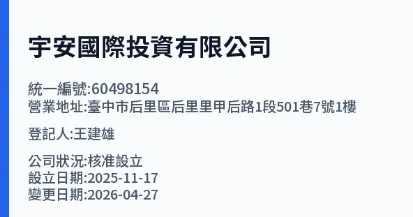 宇安國際投資有限公司的照片-統編 60498154(臺中市) 公司登記資料與營業項目詳細圖表