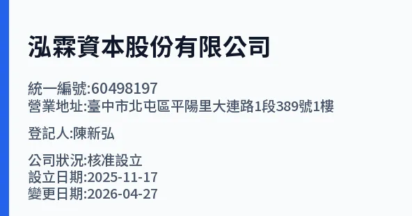 泓霖資本股份有限公司的照片-統編 60498197(臺中市) 公司登記資料與營業項目詳細圖表