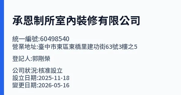 承恩制所室內裝修有限公司的照片-統編 60498540(臺中市) 公司登記資料與營業項目詳細圖表