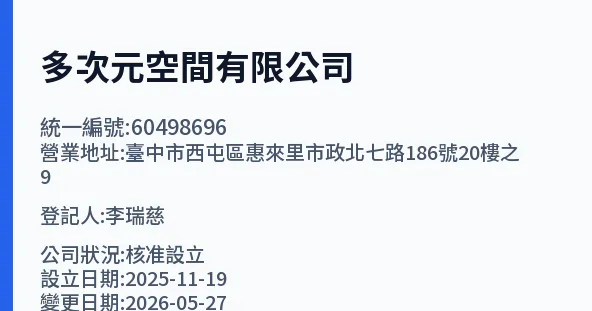 多次元空間有限公司的照片-統編 60498696(臺中市) 公司登記資料與營業項目詳細圖表