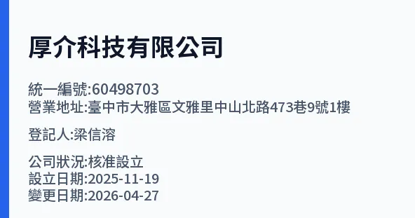 厚介科技有限公司的照片-統編 60498703(臺中市) 公司登記資料與營業項目詳細圖表