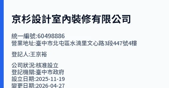 京杉設計室內裝修有限公司的照片-統編 60498886(臺中市) 公司登記資料與營業項目詳細圖表