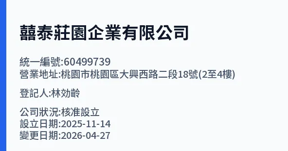 囍泰莊園企業有限公司的照片-統編 60499739(桃園市) 公司登記資料與營業項目詳細圖表