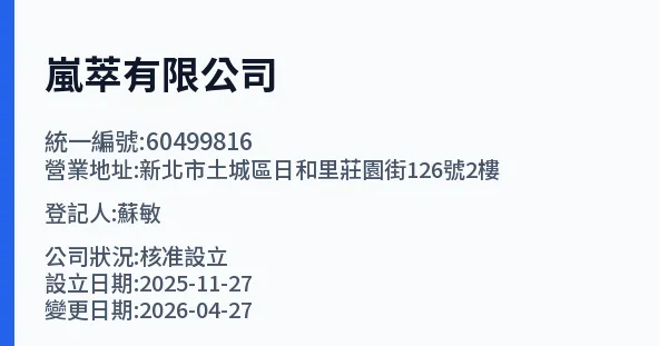 嵐萃有限公司的照片-統編 60499816(新北市) 公司登記資料與營業項目詳細圖表