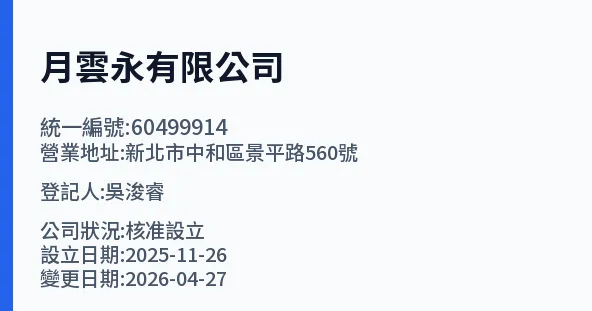 月雲永有限公司的照片-統編 60499914(新北市) 公司登記資料與營業項目詳細圖表