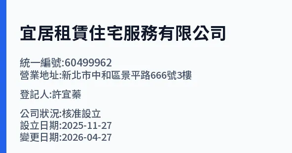 宜居租賃住宅服務有限公司的照片-統編 60499962(新北市) 公司登記資料與營業項目詳細圖表
