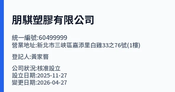 朋騏塑膠有限公司的照片-統編 60499999(新北市) 公司登記資料與營業項目詳細圖表
