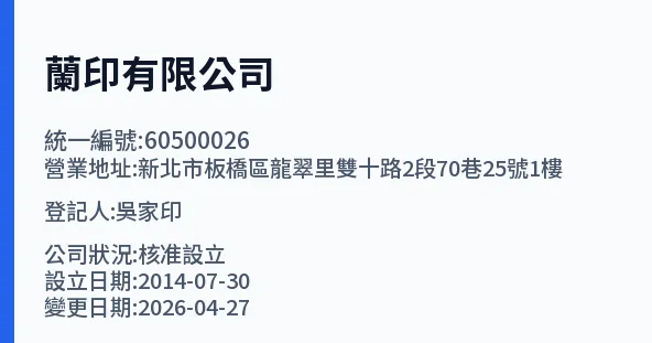蘭印有限公司的照片-統編 60500026(新北市) 公司登記資料與營業項目詳細圖表