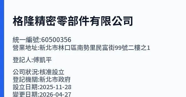 格隆精密零部件有限公司的照片-統編 60500356(新北市) 公司登記資料與營業項目詳細圖表