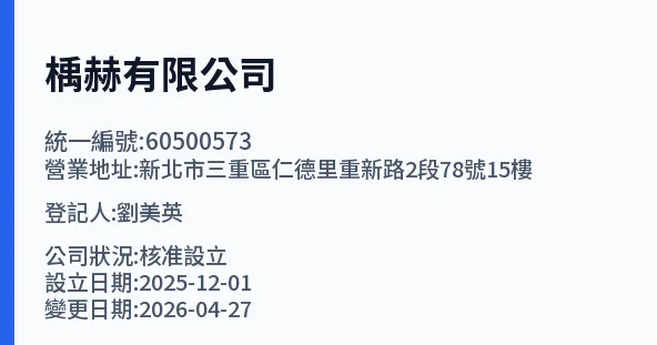 楀赫有限公司的照片-統編 60500573(新北市) 公司登記資料與營業項目詳細圖表
