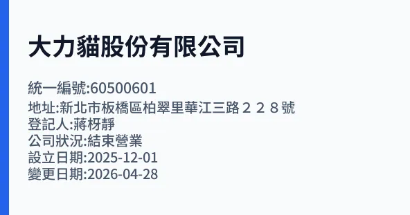大力貓股份有限公司的照片-統編 60500601(新北市) 公司登記資料與營業項目詳細圖表