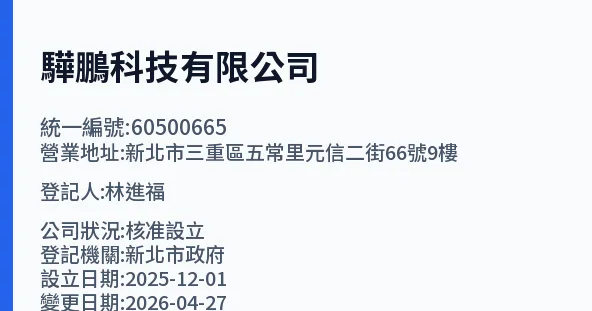 驊鵬科技有限公司的照片-統編 60500665(新北市) 公司登記資料與營業項目詳細圖表