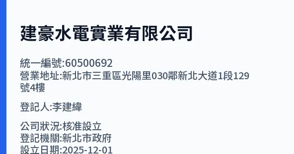建豪水電實業有限公司的照片-統編 60500692(新北市) 公司登記資料與營業項目詳細圖表