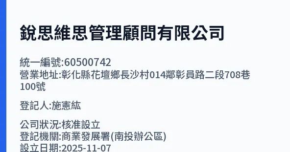 銳思維思管理顧問有限公司的照片-統編 60500742(彰化縣) 公司登記資料與營業項目詳細圖表