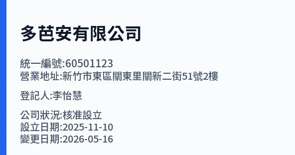 多芭安有限公司的照片-統編 60501123(新竹市) 公司登記資料與營業項目詳細圖表