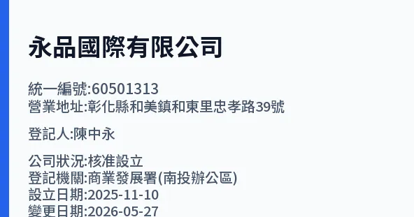 永品國際有限公司的照片-統編 60501313(彰化縣) 公司登記資料與營業項目詳細圖表