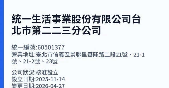 統一生活事業股份有限公司台北市第二二三分公司的照片-統編 60501377(臺北市) 公司登記資料與營業項目詳細圖表