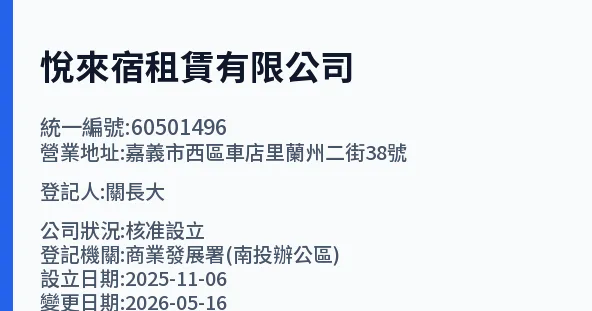 悅來宿租賃有限公司的照片-統編 60501496(嘉義市) 公司登記資料與營業項目詳細圖表