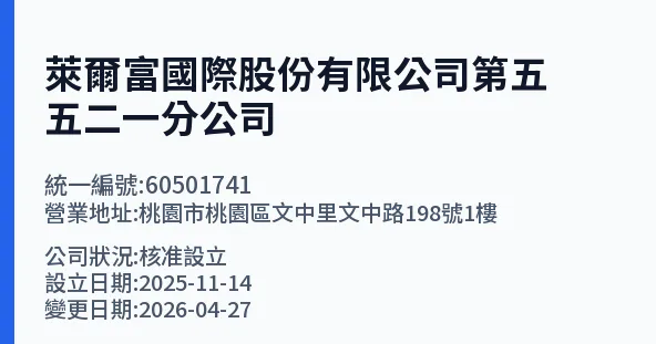 萊爾富國際股份有限公司第五五二一分公司的照片-統編 60501741(桃園市) 公司登記資料與營業項目詳細圖表